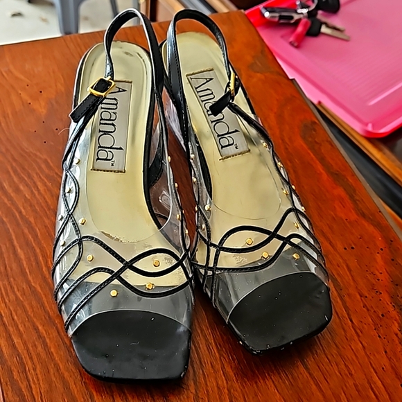 Shoes | Amanda Clear Black And Gold Heels Size 65 | Poshmark